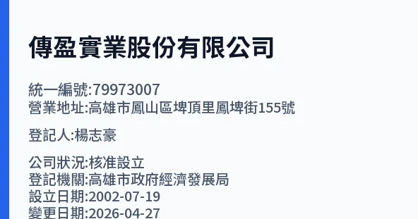傳盈實業股份有限公司的照片-統編 79973007(高雄市) 公司登記資料與營業項目詳細圖表
