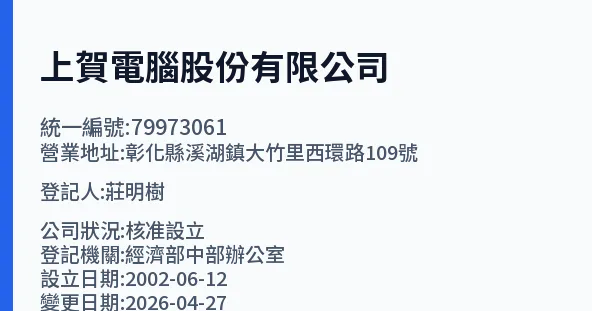 上賀電腦股份有限公司的照片-統編 79973061(彰化縣) 公司登記資料與營業項目詳細圖表