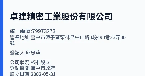 卓建精密工業股份有限公司的照片-統編 79973273(臺中市) 公司登記資料與營業項目詳細圖表
