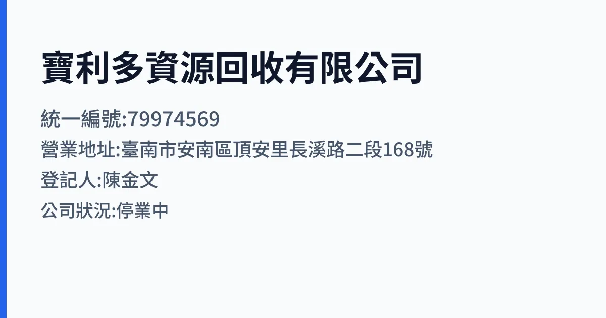 寶利多資源回收有限公司 - 統編 79974569（臺南市） 公司登記資料與營業項目詳細圖表