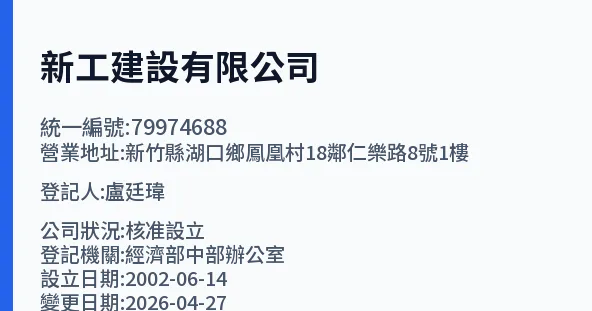 新工建設有限公司的照片-統編 79974688(新竹縣) 公司登記資料與營業項目詳細圖表