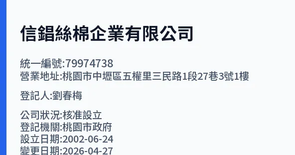 信錩絲棉企業有限公司的照片-統編 79974738(桃園市) 公司登記資料與營業項目詳細圖表