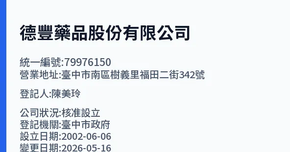 德豐藥品股份有限公司的照片-統編 79976150(臺中市) 公司登記資料與營業項目詳細圖表