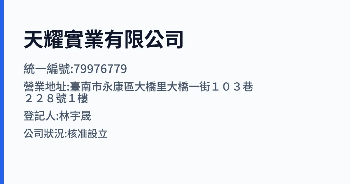 天耀實業有限公司 - 統編 79976779(臺南市) 公司登記資料與營業項目詳細圖表
