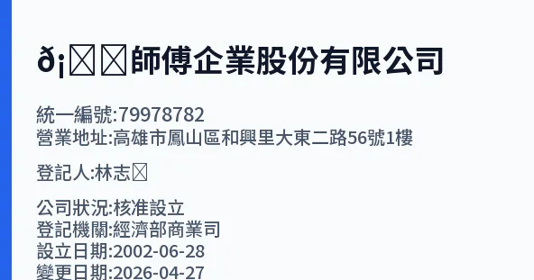 𡘙師傅企業股份有限公司的照片-統編 79978782(高雄市) 公司登記資料與營業項目詳細圖表
