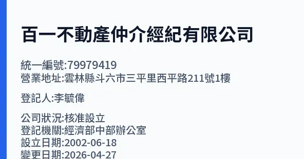 百一不動產仲介經紀有限公司的照片-統編 79979419(雲林縣) 公司登記資料與營業項目詳細圖表