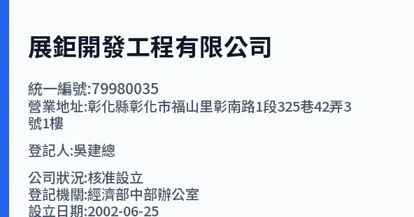 展鉅開發工程有限公司的照片-統編 79980035(彰化縣) 公司登記資料與營業項目詳細圖表