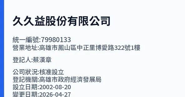 久久益股份有限公司的照片-統編 79980133(高雄市) 公司登記資料與營業項目詳細圖表