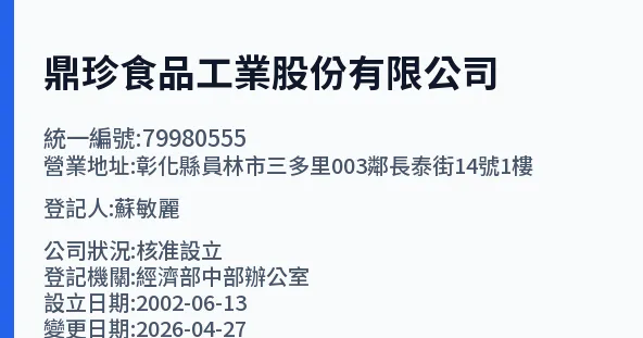 鼎珍食品工業股份有限公司的照片-統編 79980555(彰化縣) 公司登記資料與營業項目詳細圖表