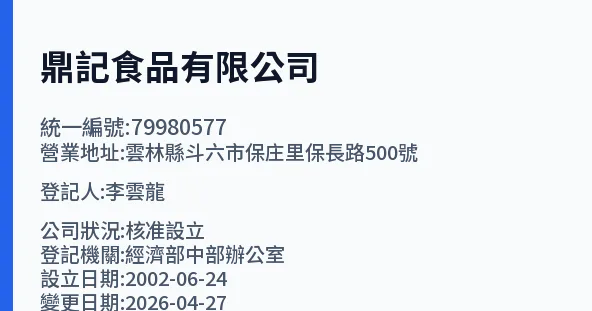 鼎記食品有限公司的照片-統編 79980577(雲林縣) 公司登記資料與營業項目詳細圖表