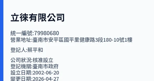 立徠有限公司的照片-統編 79980680(臺南市) 公司登記資料與營業項目詳細圖表