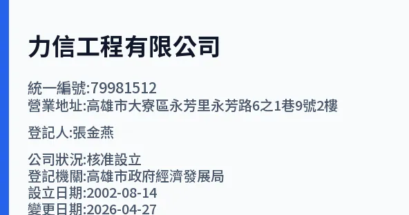 力信工程有限公司的照片-統編 79981512(高雄市) 公司登記資料與營業項目詳細圖表