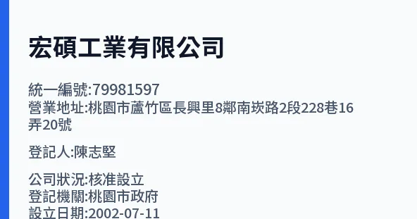 宏碩工業有限公司的照片-統編 79981597(桃園市) 公司登記資料與營業項目詳細圖表