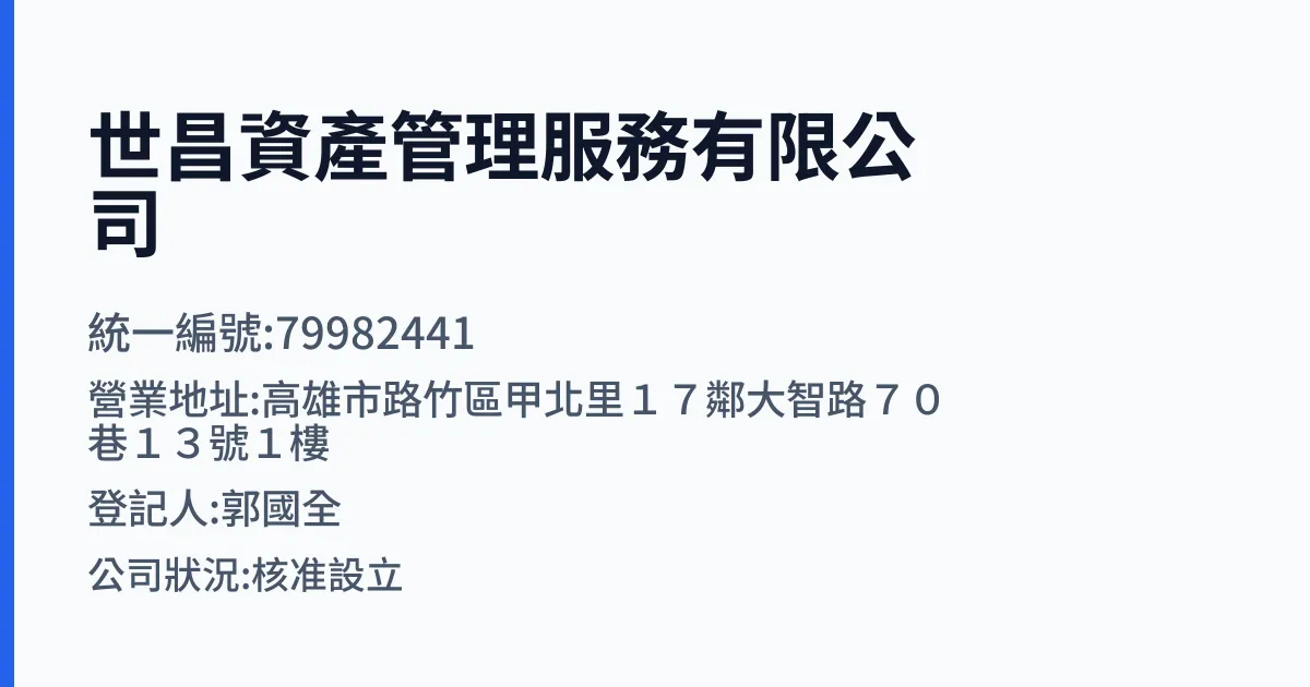 世昌資產管理服務有限公司 - 統編 79982441(高雄市) 公司登記資料與營業項目詳細圖表