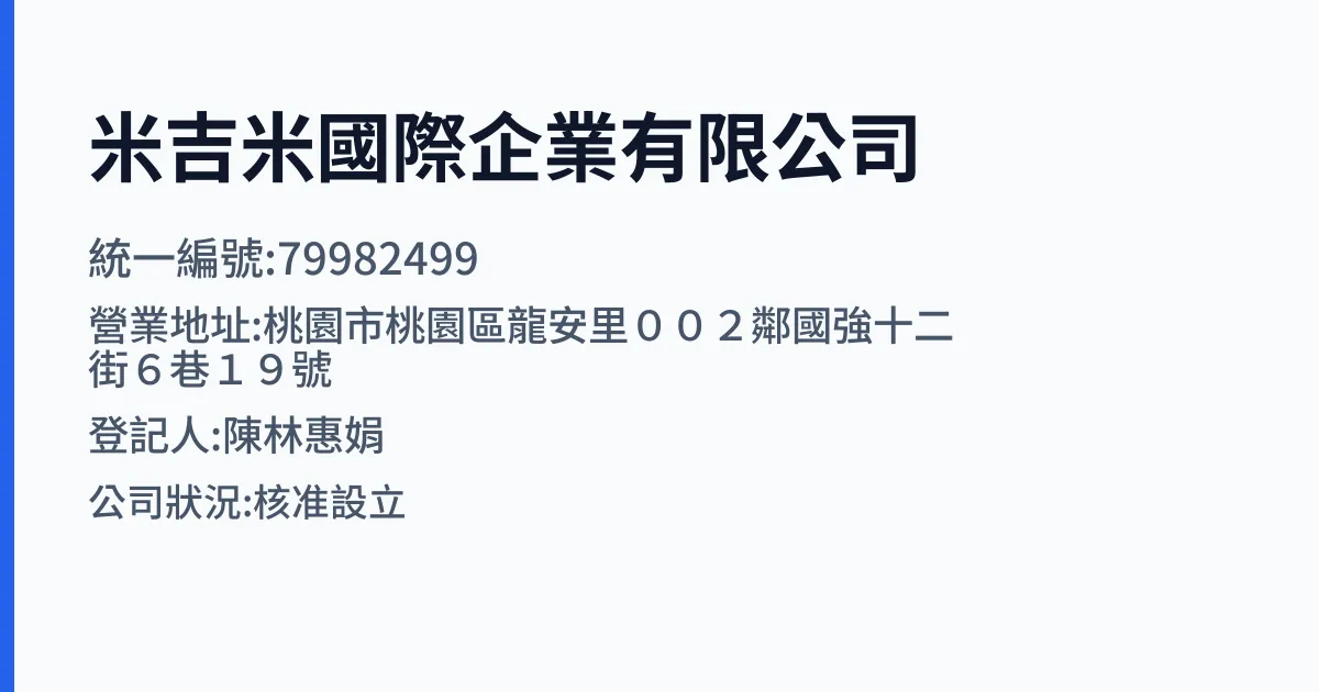 米吉米國際企業有限公司 - 統編 79982499(桃園市) 公司登記資料與營業項目詳細圖表