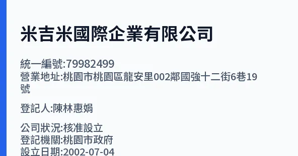 米吉米國際企業有限公司的照片-統編 79982499(桃園市) 公司登記資料與營業項目詳細圖表