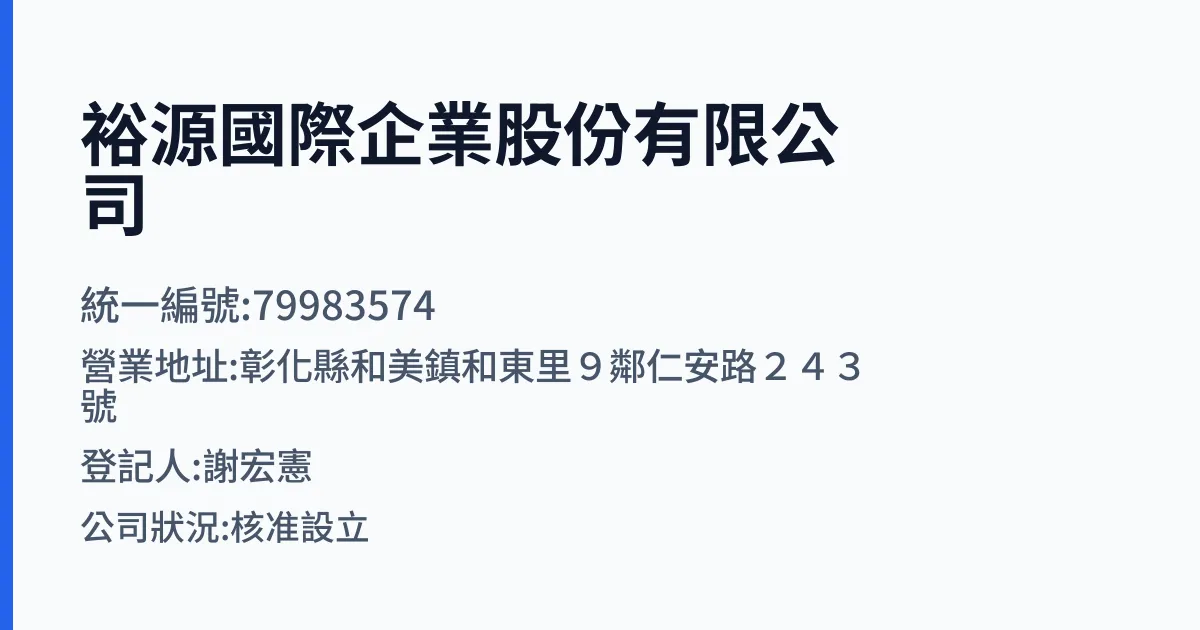裕源國際企業股份有限公司 - 統編 79983574(彰化縣) 公司登記資料與營業項目詳細圖表