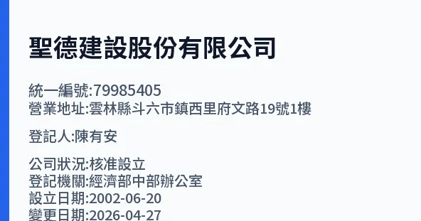 聖德建設股份有限公司的照片-統編 79985405(雲林縣) 公司登記資料與營業項目詳細圖表