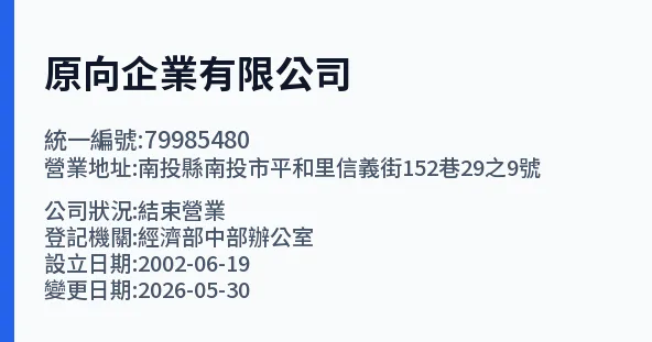 原向企業有限公司的照片-統編 79985480(南投縣) 公司登記資料與營業項目詳細圖表