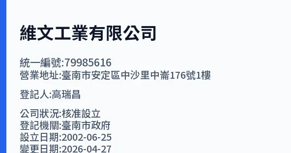 維文工業有限公司的照片-統編 79985616(臺南市) 公司登記資料與營業項目詳細圖表