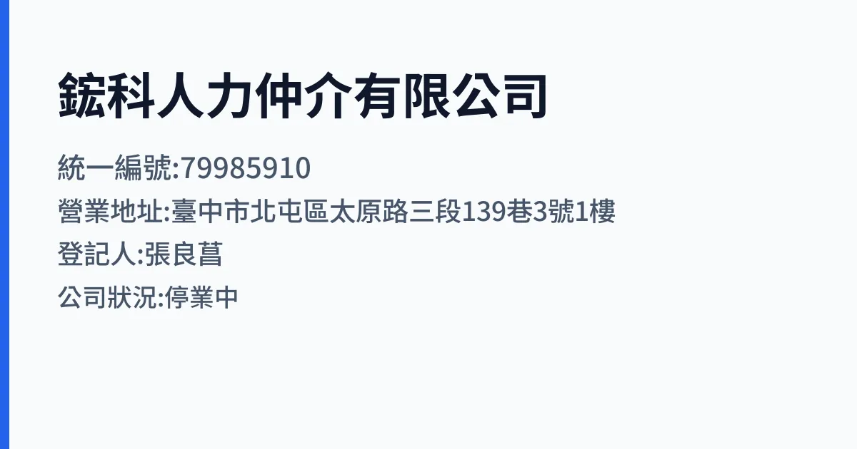 鋐科人力仲介有限公司 - 統編 79985910(臺中市) 公司登記資料與營業項目詳細圖表