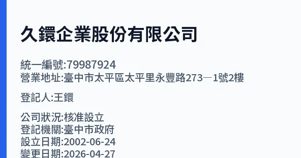 久鐶企業股份有限公司的照片-統編 79987924(臺中市) 公司登記資料與營業項目詳細圖表