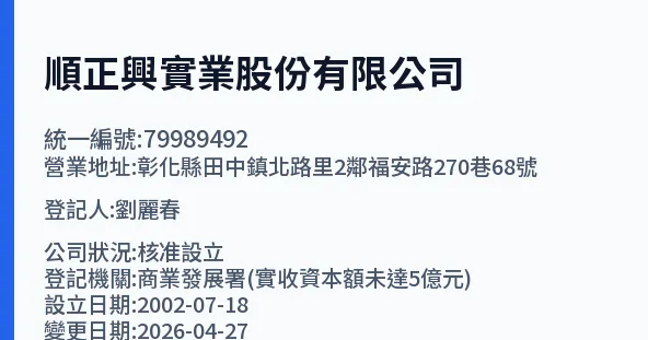 順正興實業股份有限公司的照片-統編 79989492(彰化縣) 公司登記資料與營業項目詳細圖表