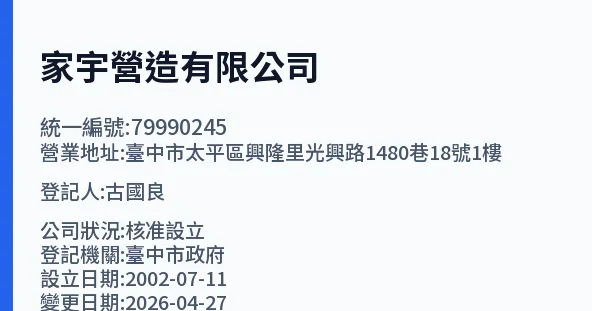家宇營造有限公司的照片-統編 79990245(臺中市) 公司登記資料與營業項目詳細圖表