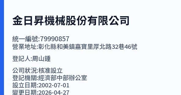 金日昇機械股份有限公司的照片-統編 79990857(彰化縣) 公司登記資料與營業項目詳細圖表