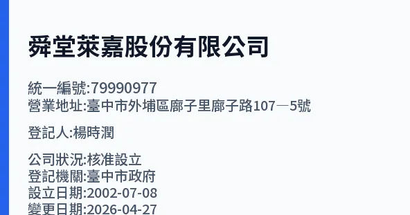 舜堂萊嘉股份有限公司的照片-統編 79990977(臺中市) 公司登記資料與營業項目詳細圖表