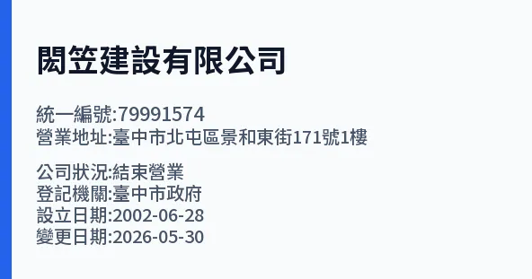 閎笠建設有限公司的照片-統編 79991574(臺中市) 公司登記資料與營業項目詳細圖表