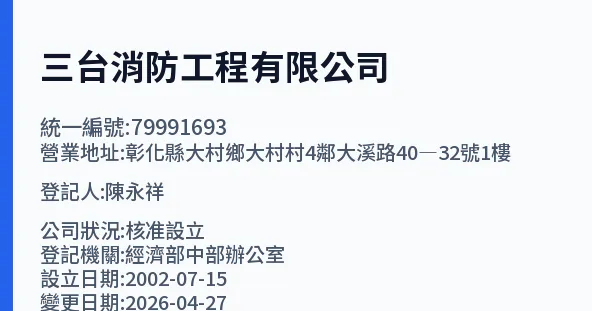 三台消防工程有限公司的照片-統編 79991693(彰化縣) 公司登記資料與營業項目詳細圖表