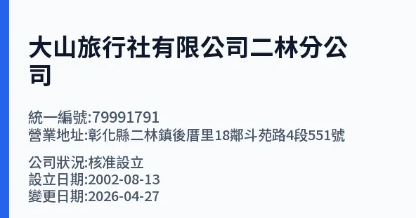 大山旅行社有限公司二林分公司的照片-統編 79991791(彰化縣) 公司登記資料與營業項目詳細圖表