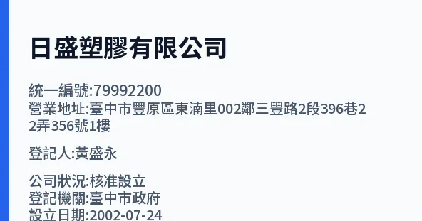 日盛塑膠有限公司的照片-統編 79992200(臺中市) 公司登記資料與營業項目詳細圖表
