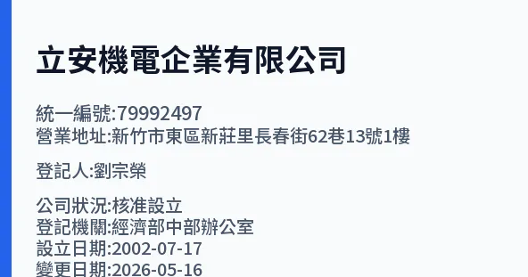 立安機電企業有限公司的照片-統編 79992497(新竹市) 公司登記資料與營業項目詳細圖表