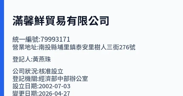 滿馨鮮貿易有限公司的照片-統編 79993171(南投縣) 公司登記資料與營業項目詳細圖表