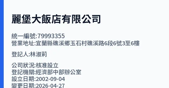 麗堡大飯店有限公司的照片-統編 79993355(宜蘭縣) 公司登記資料與營業項目詳細圖表