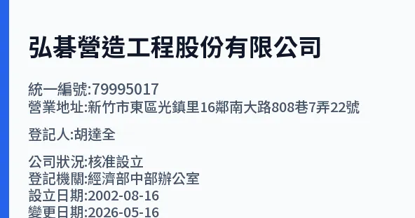 弘碁營造工程股份有限公司的照片-統編 79995017(新竹市) 公司登記資料與營業項目詳細圖表