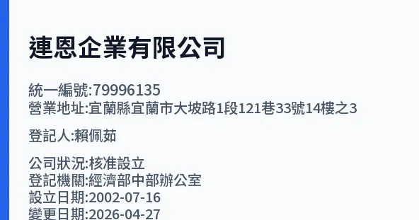 連恩企業有限公司的照片-統編 79996135(宜蘭縣) 公司登記資料與營業項目詳細圖表