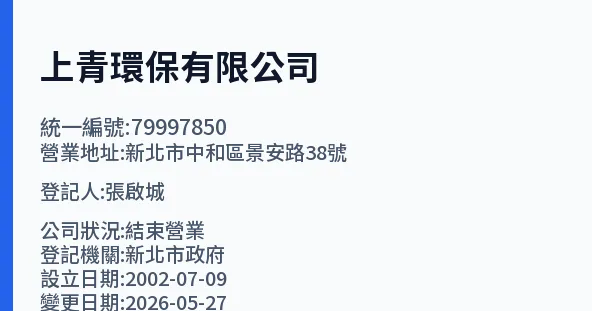 上青環保有限公司的照片-統編 79997850(新北市) 公司登記資料與營業項目詳細圖表