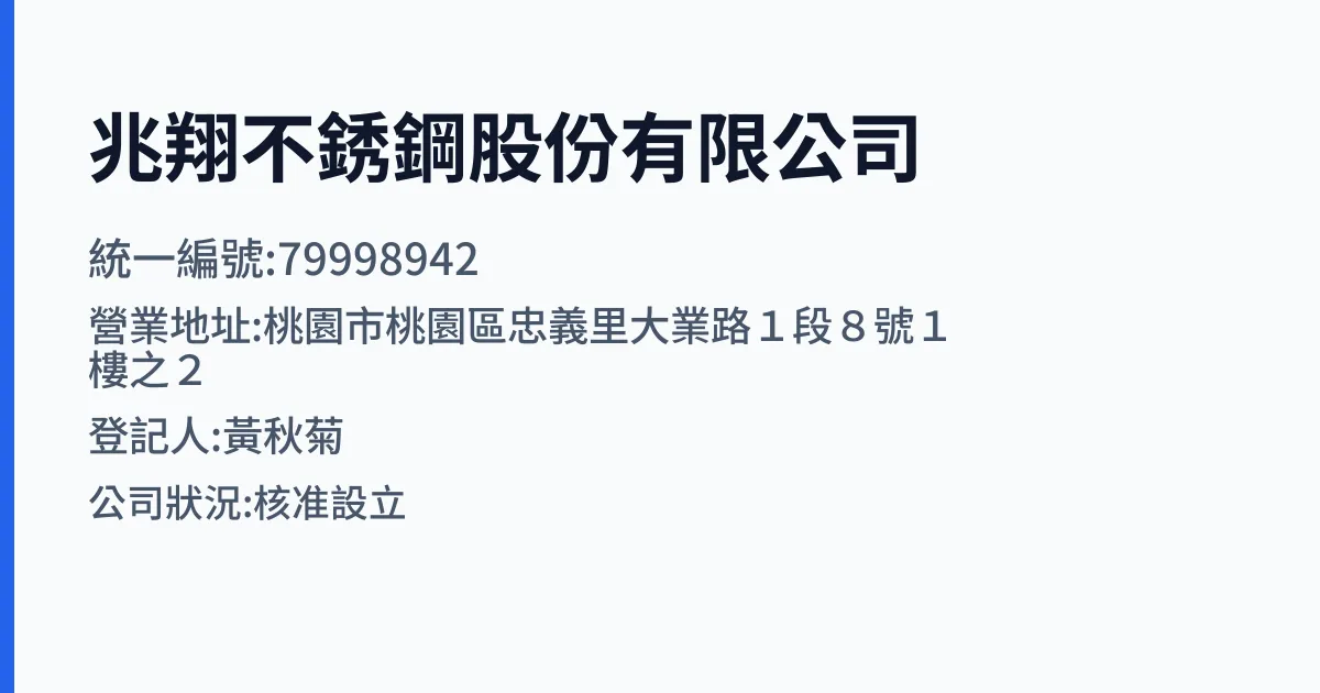 兆翔不銹鋼股份有限公司 - 統編 79998942(桃園市) 公司登記資料與營業項目詳細圖表