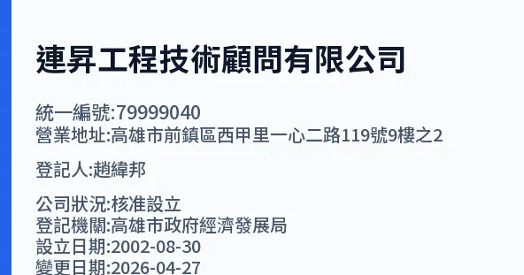 連昇工程技術顧問有限公司的照片-統編 79999040(高雄市) 公司登記資料與營業項目詳細圖表