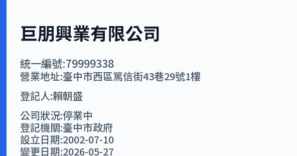 巨朋興業有限公司的照片-統編 79999338(臺中市) 公司登記資料與營業項目詳細圖表