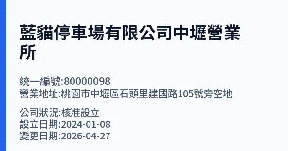 藍貓停車場有限公司中壢營業所的照片-統編 80000098(桃園市) 公司登記資料與營業項目詳細圖表