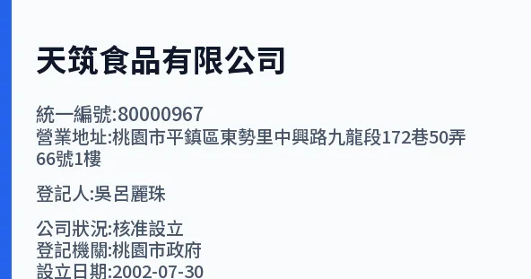 天筑食品有限公司的照片-統編 80000967(桃園市) 公司登記資料與營業項目詳細圖表