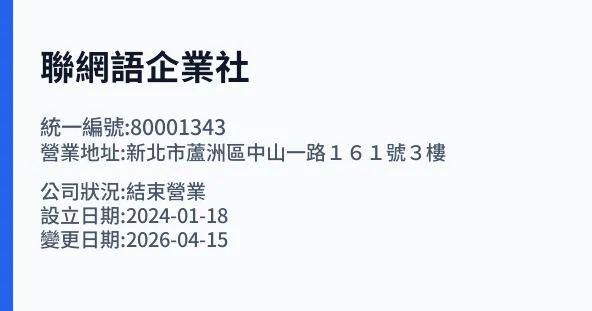 聯網語企業社的照片-統編 80001343(新北市) 公司登記資料與營業項目詳細圖表