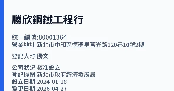 勝欣鋼鐵工程行的照片-統編 80001364(新北市) 公司登記資料與營業項目詳細圖表
