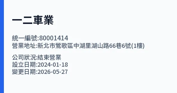 一二車業的照片-統編 80001414(新北市) 公司登記資料與營業項目詳細圖表