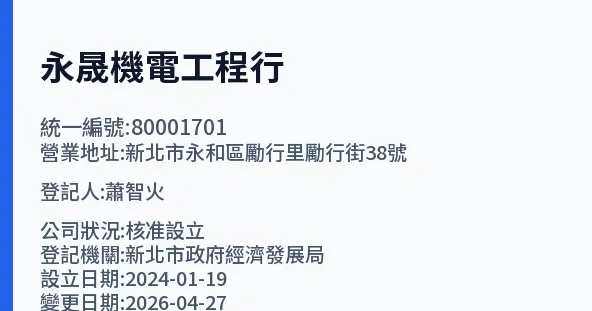 永晟機電工程行的照片-統編 80001701(新北市) 公司登記資料與營業項目詳細圖表
