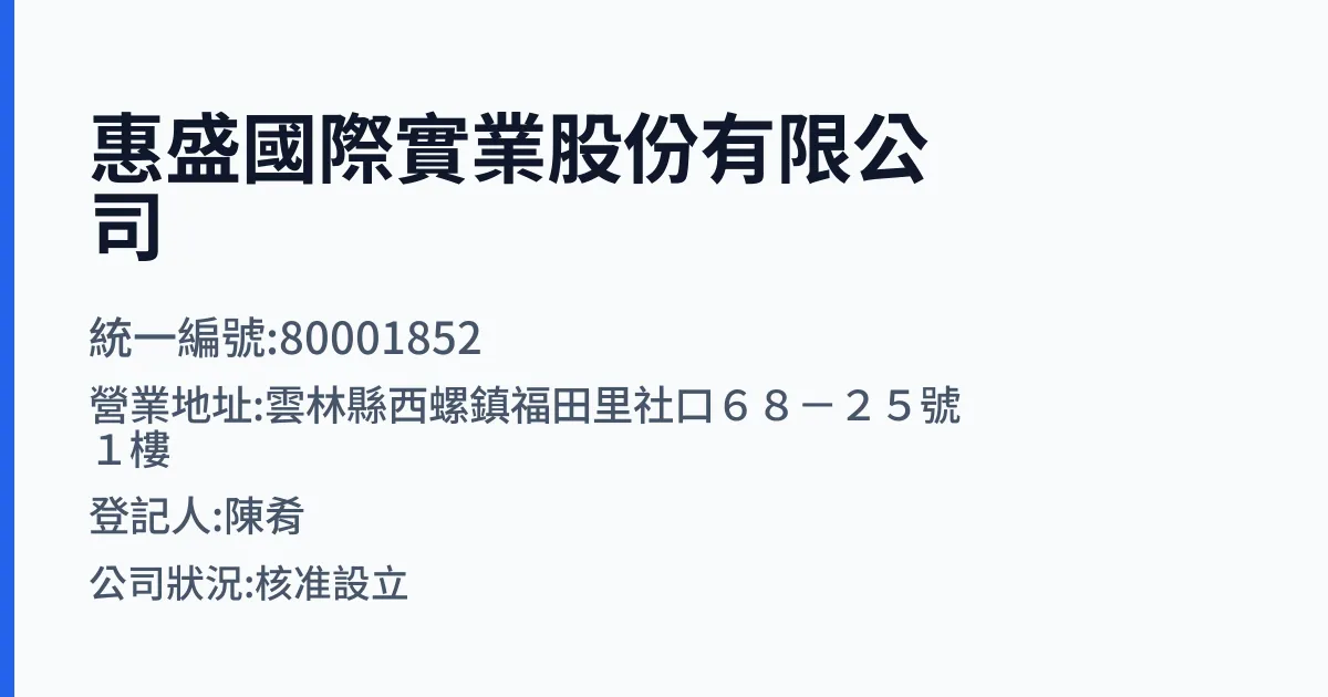 惠盛國際實業股份有限公司 - 統編 80001852(雲林縣) 公司登記資料與營業項目詳細圖表